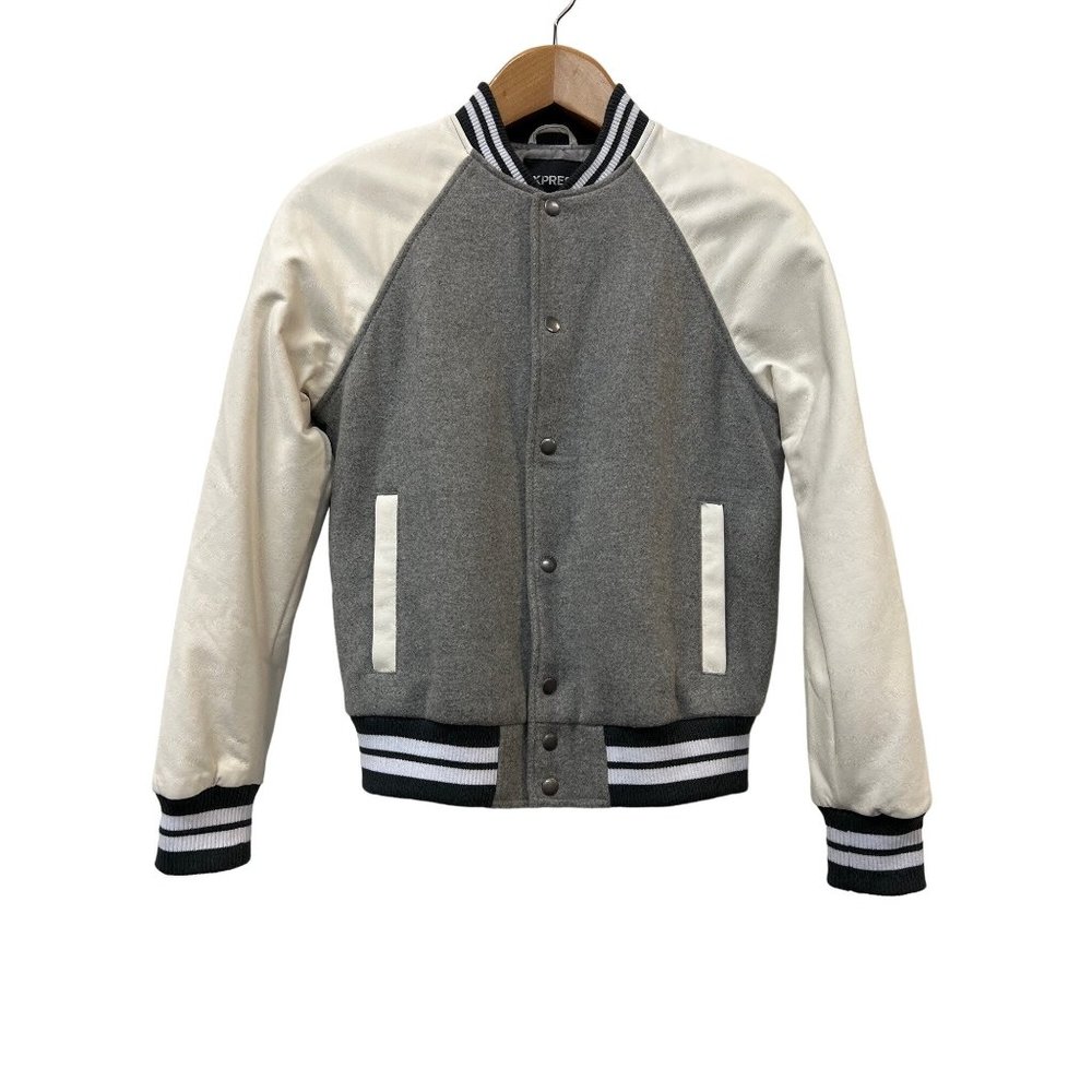 Express Varsity Jacket White Faux Leather Grey Bomber - Gem